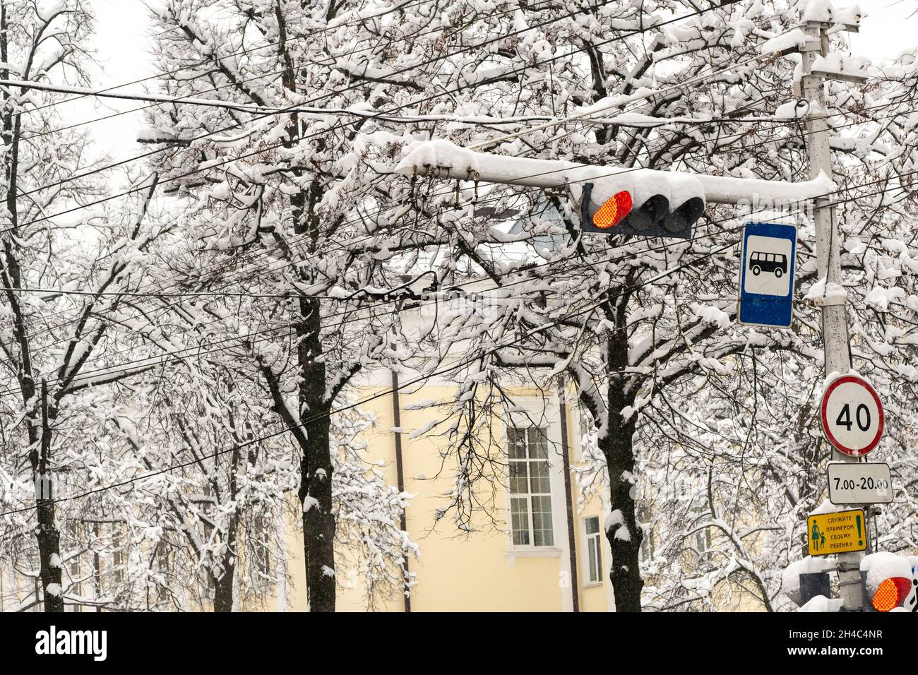 A working traffic light on a city street in winter.The red light of the ...