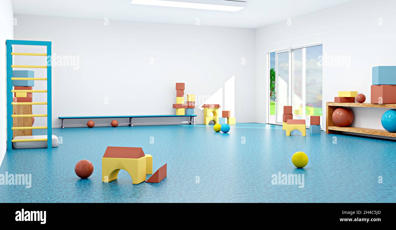 Sports and gymnastics hall in a kindergarten, 3D illustration Stock ...