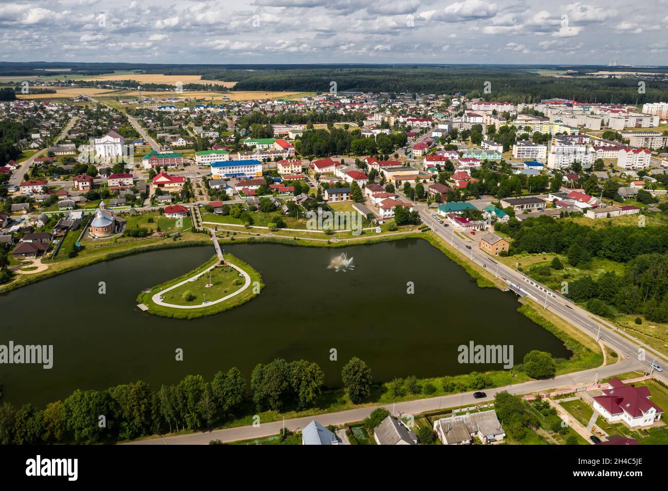 Top view of the city of Ostrovets in summer, Grodno region, different ...