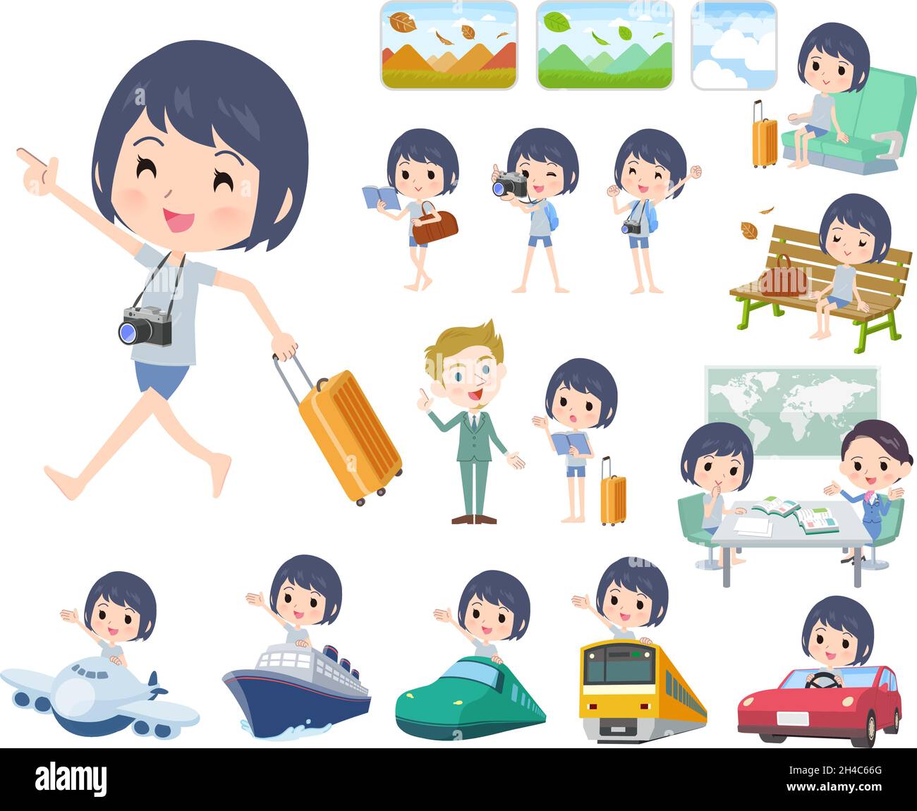 A set of unpaid avatar women on travel.It's vector art so easy to edit ...