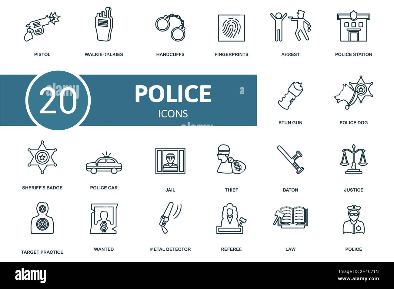 Police icon set. Collection of simple elements such as the pistol ...