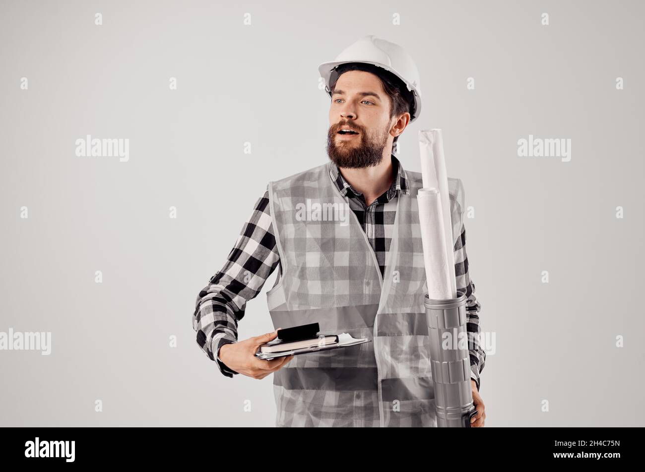 engineer with documents and drawings blueprints studio industry Stock ...
