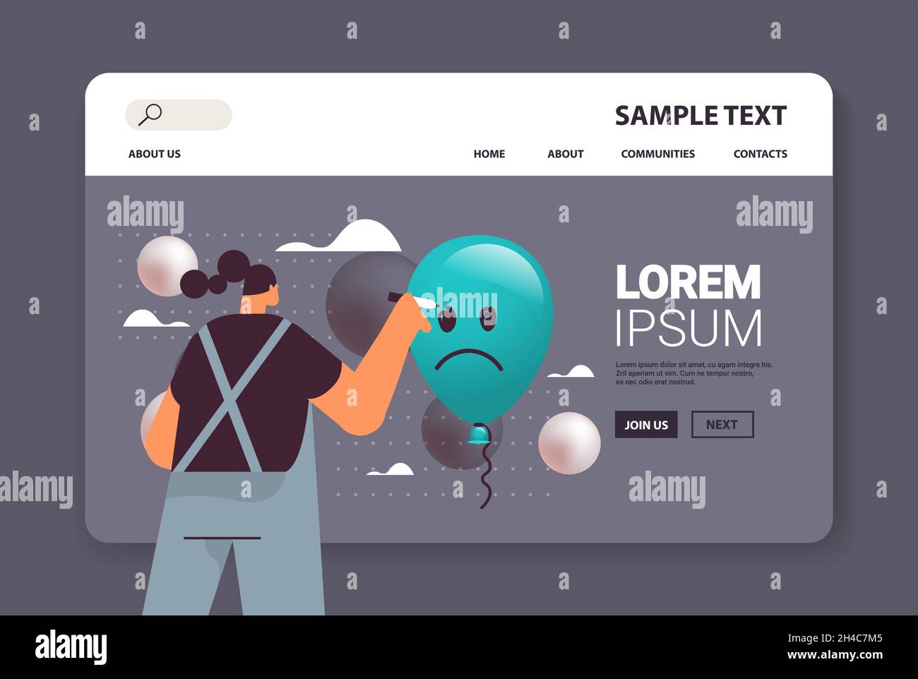 unhappy depressed woman drawing sad face on air balloon girl feeling ...