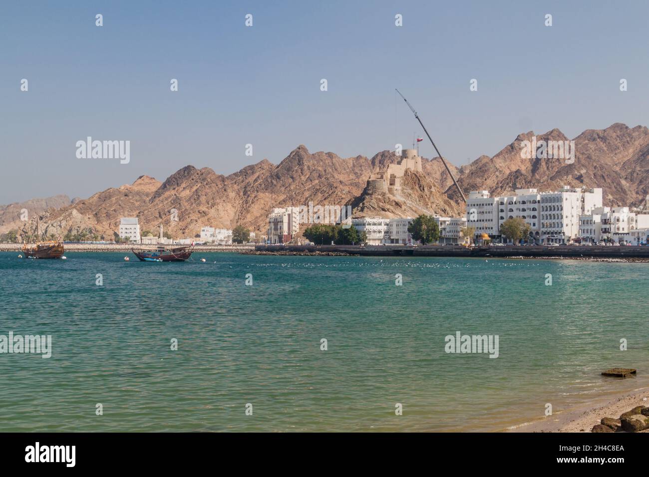 View of Mutrah Corniche with Mutrah Fort in Muscat, Oman Stock Photo ...