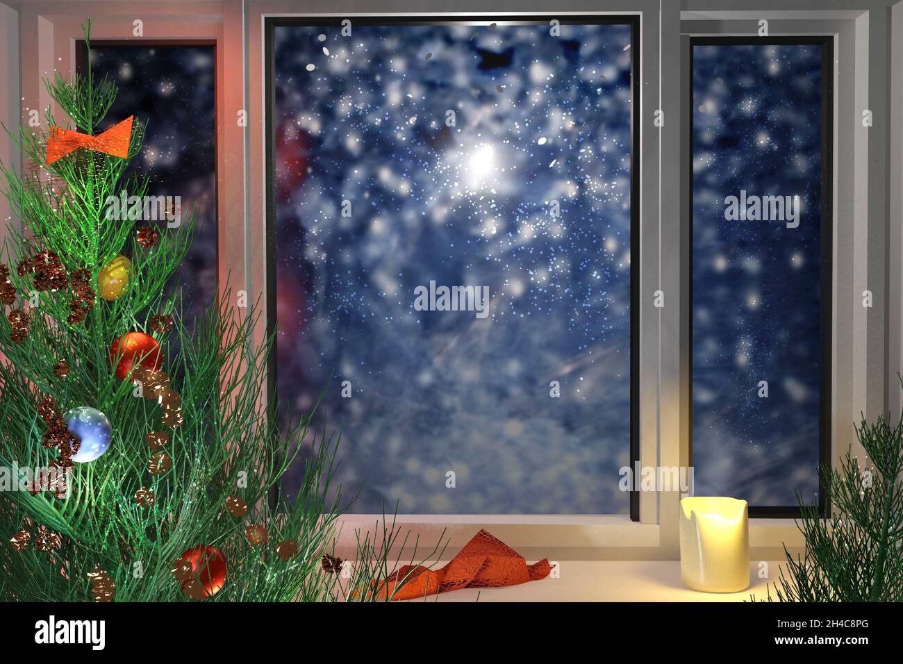 Christmas tree with winter window Stock Photo - Alamy