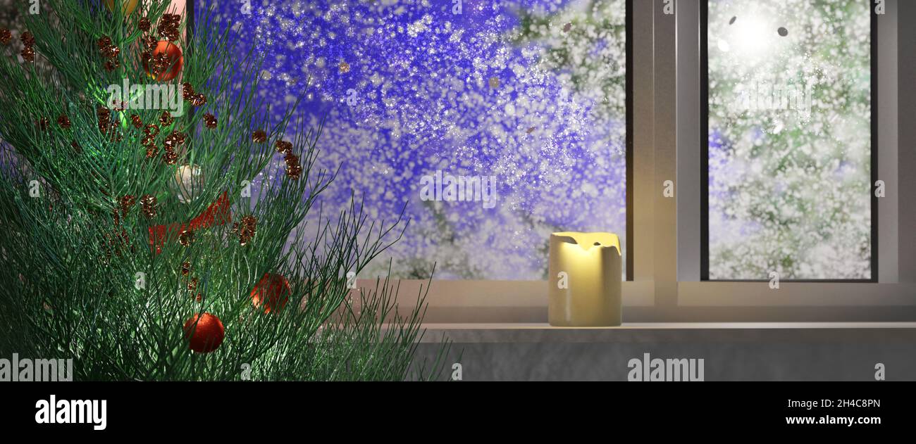 Christmas tree with winter window Stock Photo - Alamy
