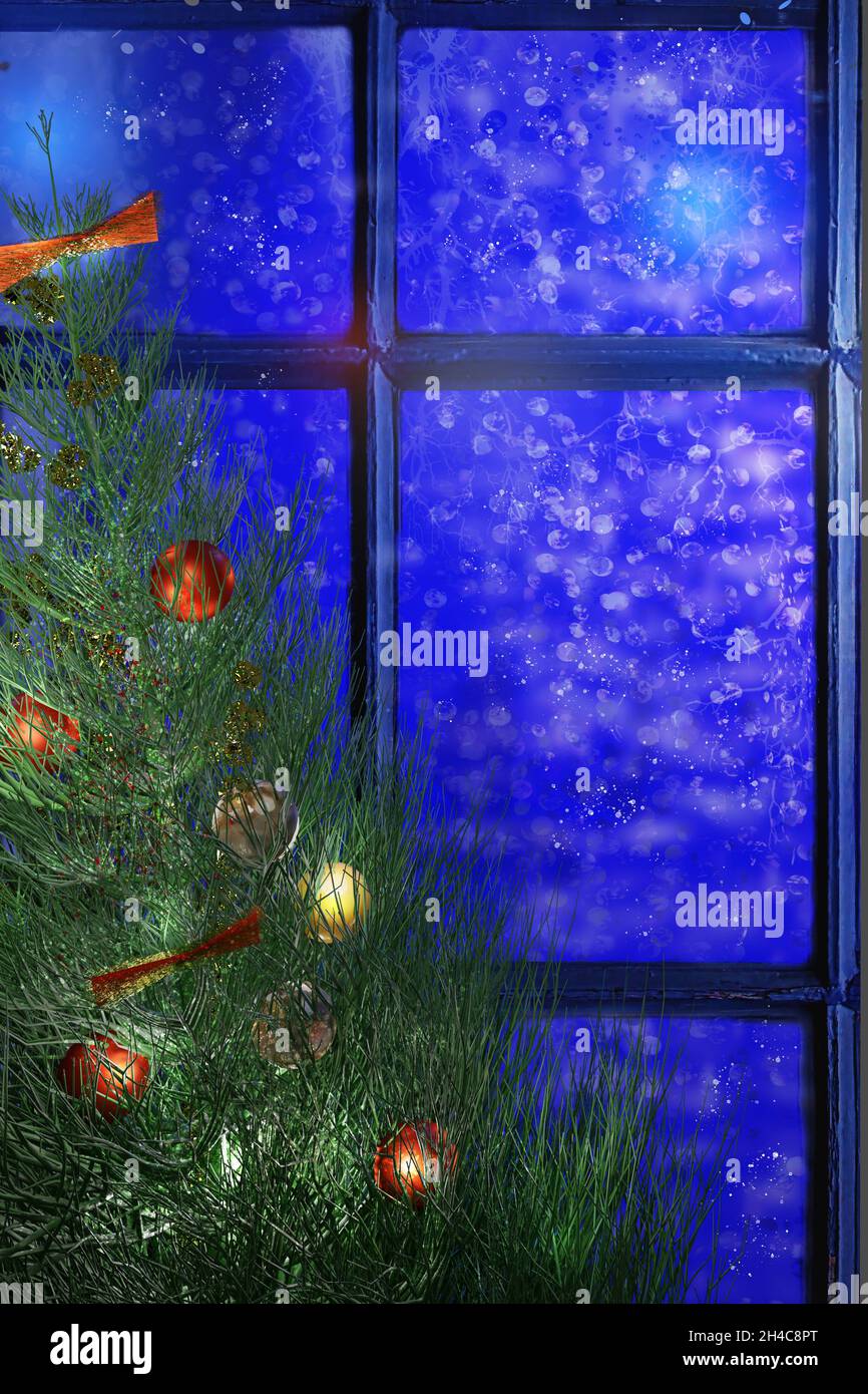 Christmas tree with winter window Stock Photo - Alamy