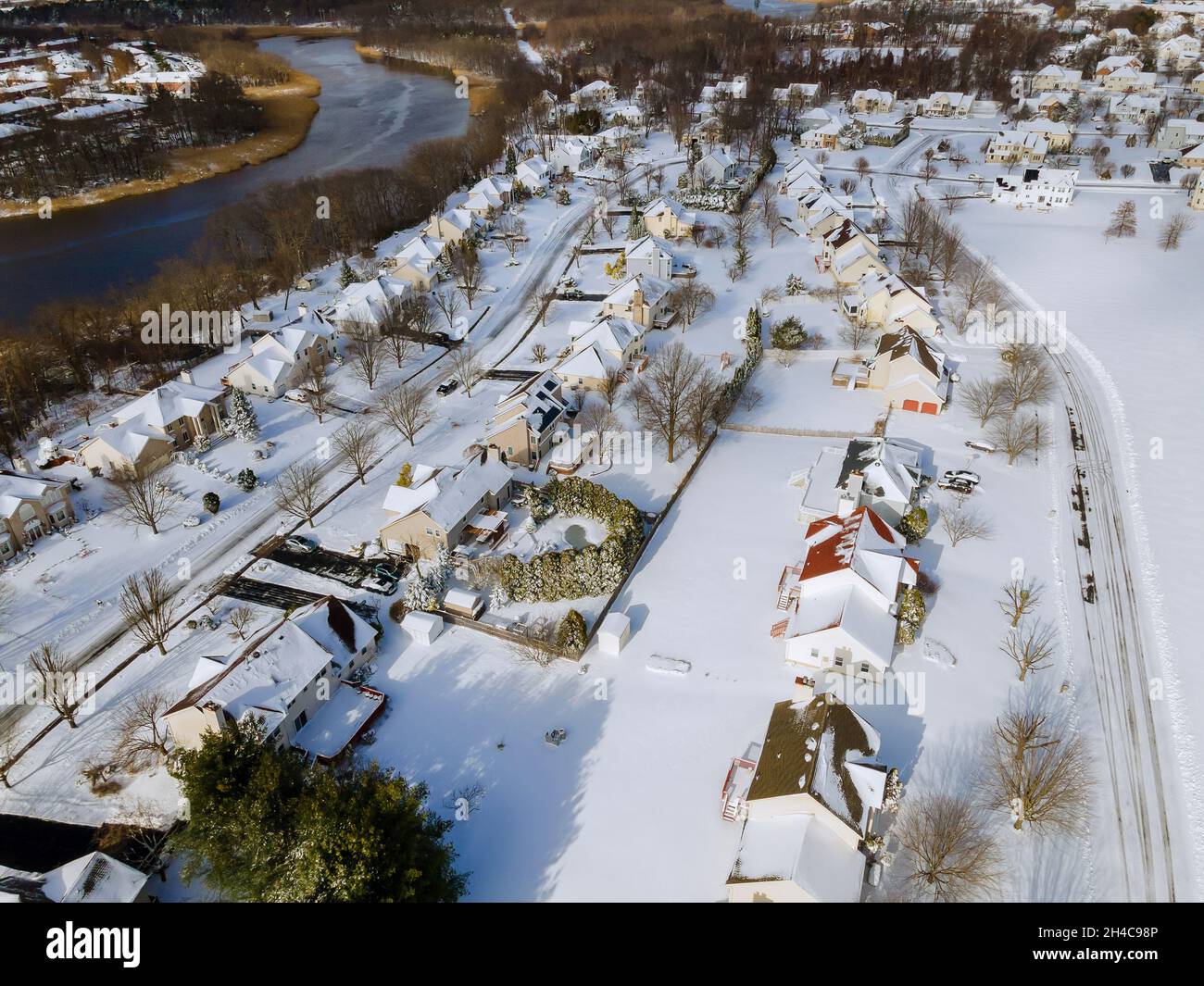 Aerial view of landscape small town with home complex covered in the ...