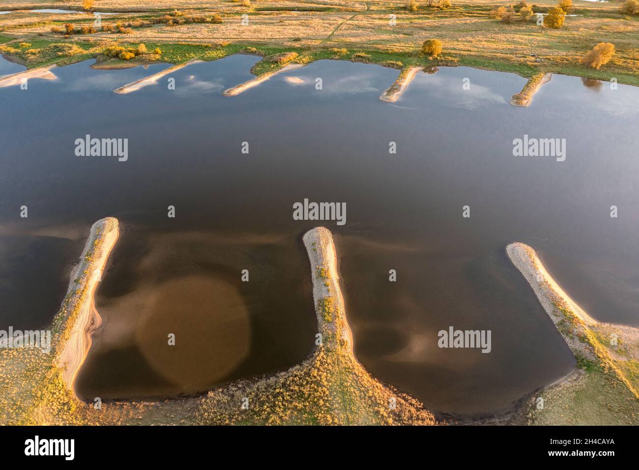 Aerial view of river Elbe at sunset, between Wittenberge and Havelberg ...