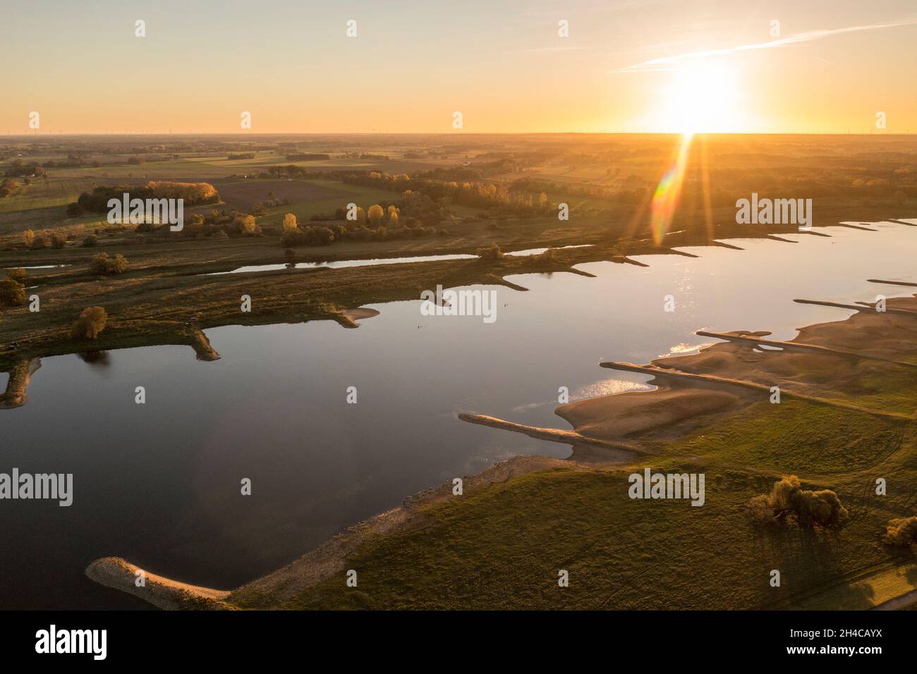 Aerial view of river Elbe at sunset, between Wittenberge and Havelberg ...