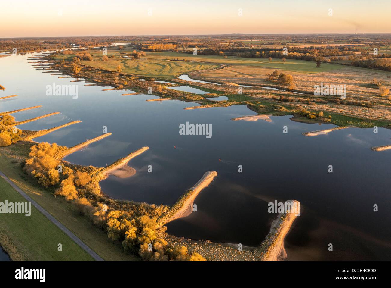 Aerial view of river Elbe at sunset, between Wittenberge and Havelberg ...
