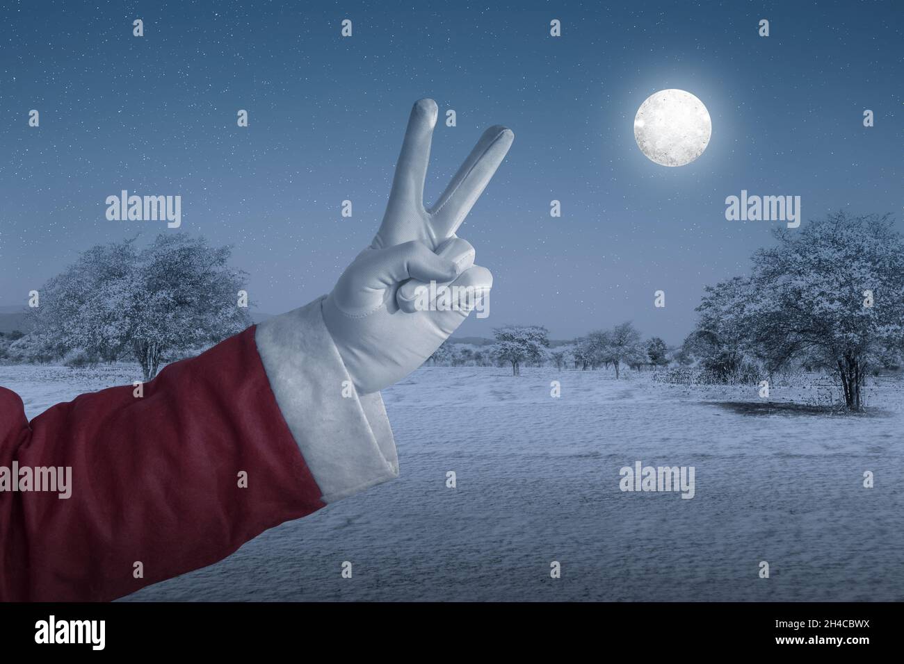 Santa Claus with hand gesture on the snowfield with full moon at night ...