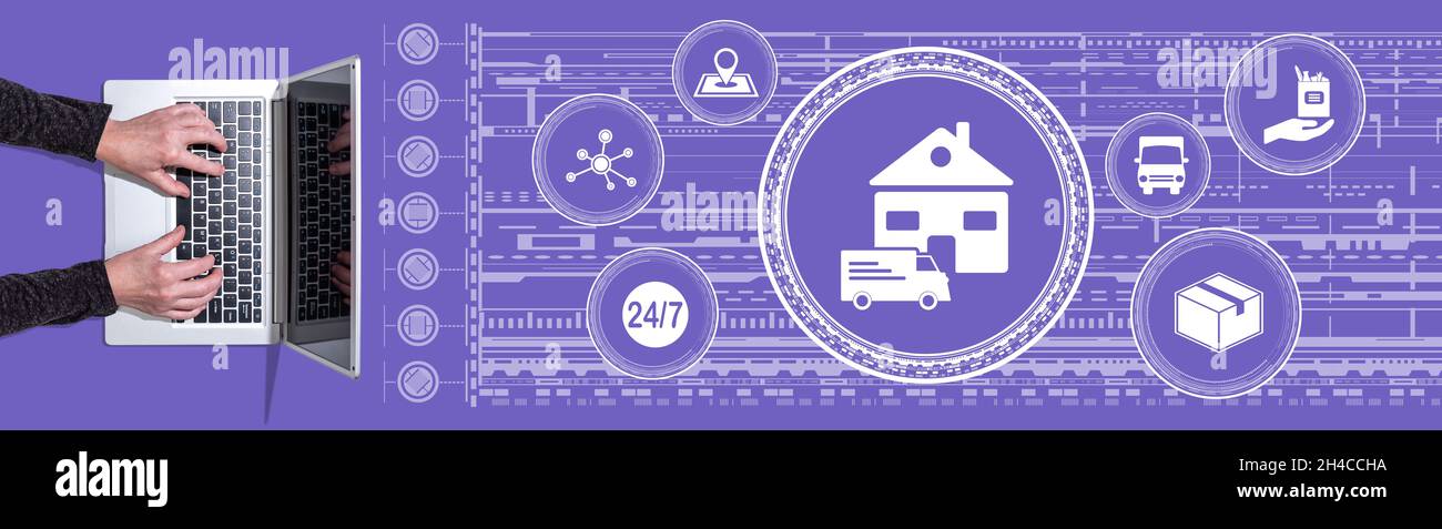 Top view of hands using laptop with symbol of home delivery concept ...