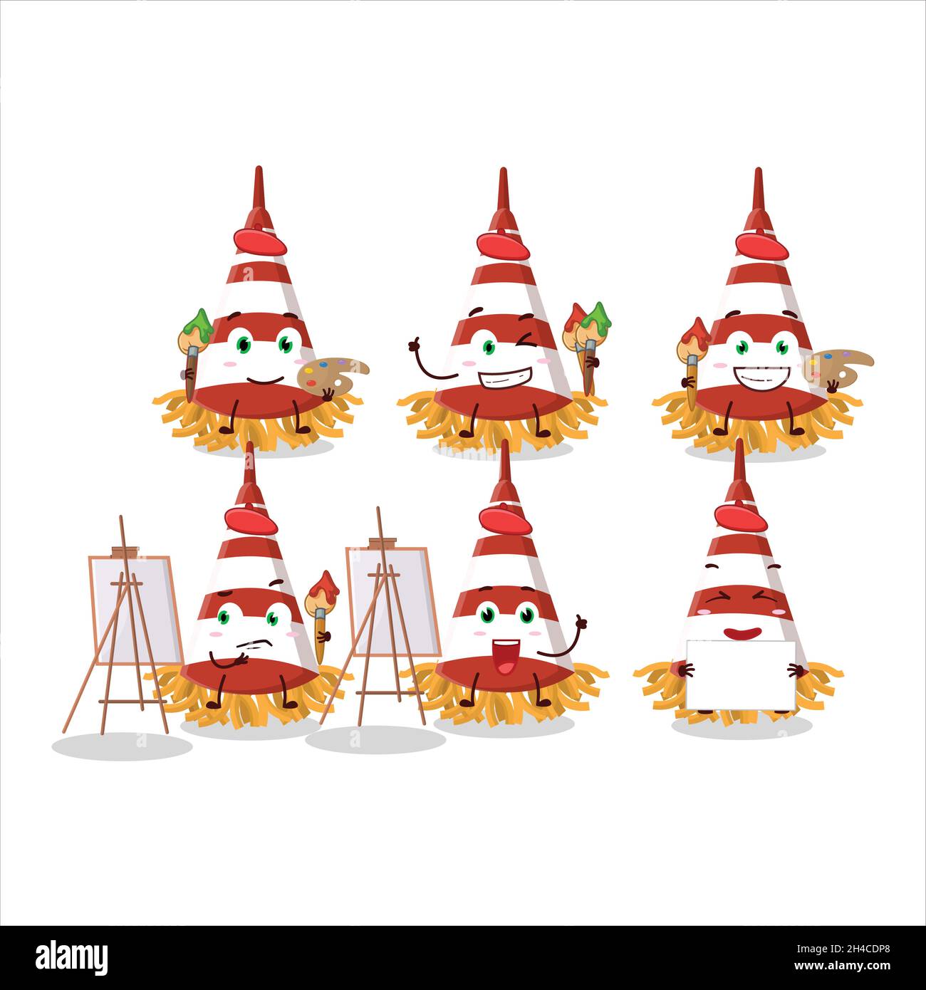 Artistic Artist of red confetti trumpet cartoon character painting with ...