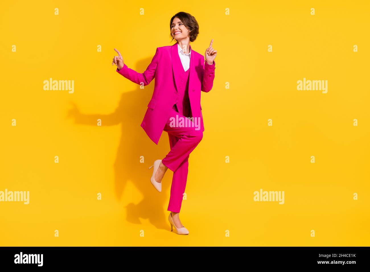 Full length body size view of attractive cheerful carefree girl dancing ...