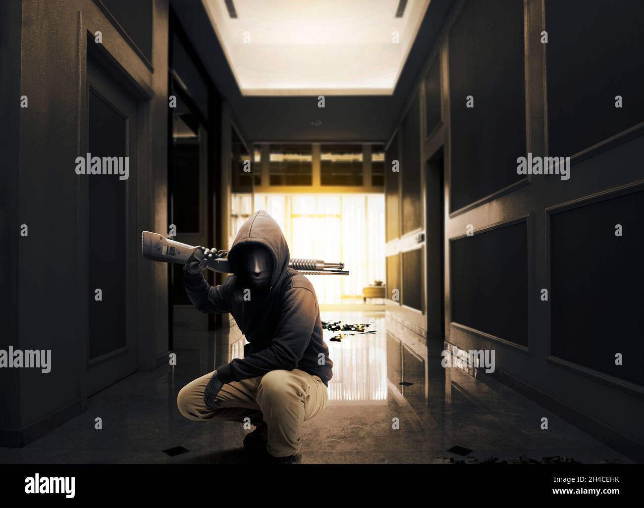 Criminal man in a hidden mask sitting and holding the shotgun while ...