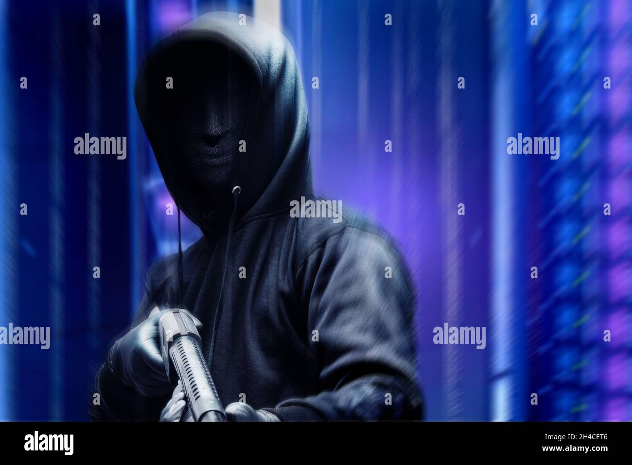Criminal man in a hidden mask holding the shotgun while robbery on the ...
