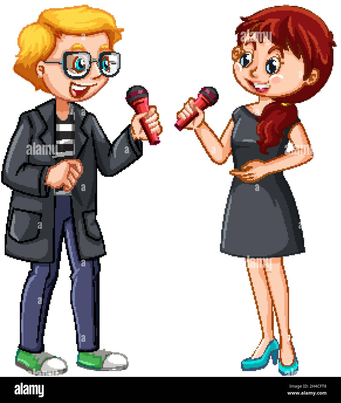 A Couple Singing Together With Microphone Illustration Stock Vector