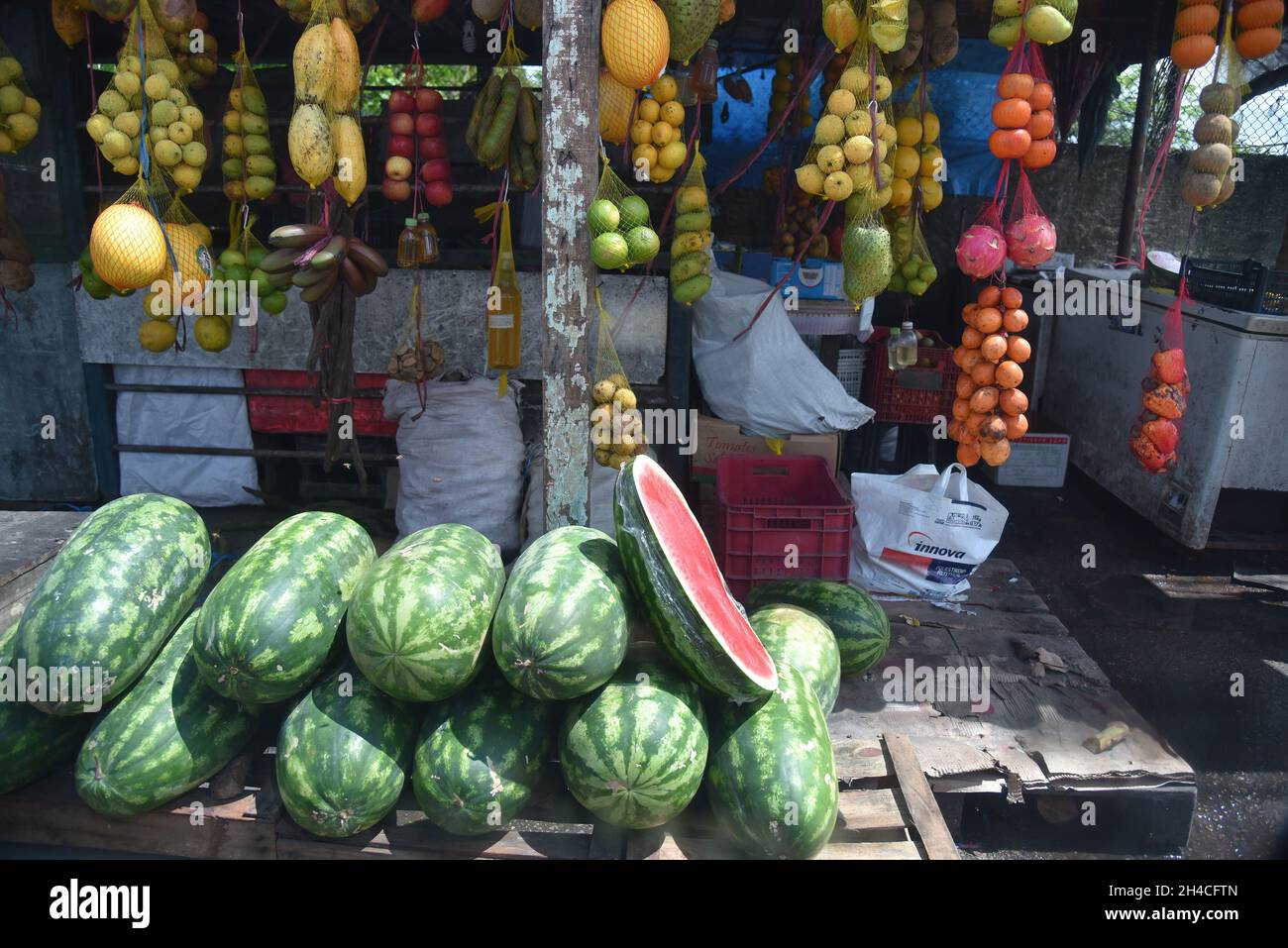 Fruit stall selling local fruits in Manaus city, Brasil on June 3, 2019 ...