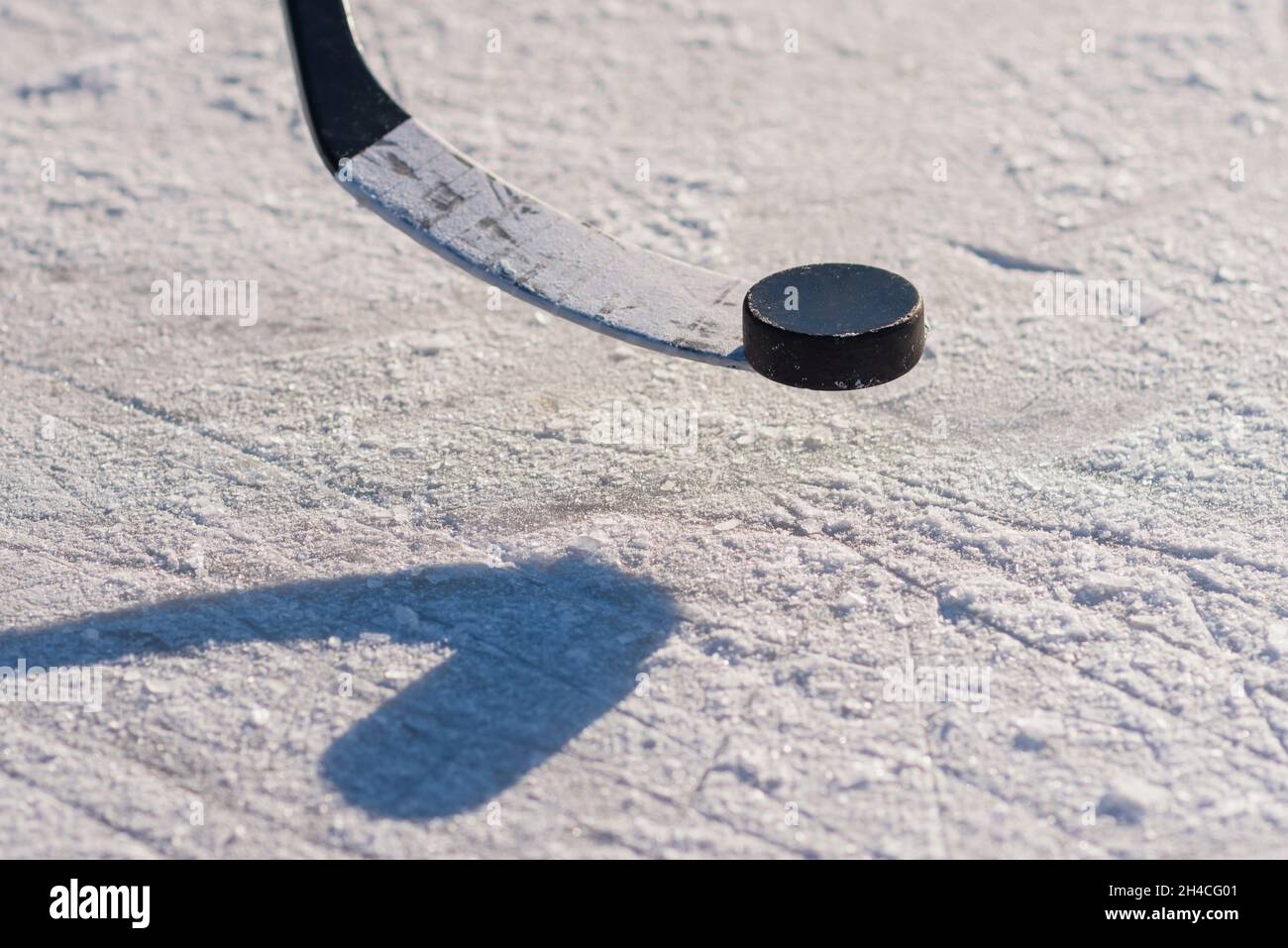 close-up stick and puck on the ice background Stock Photo - Alamy