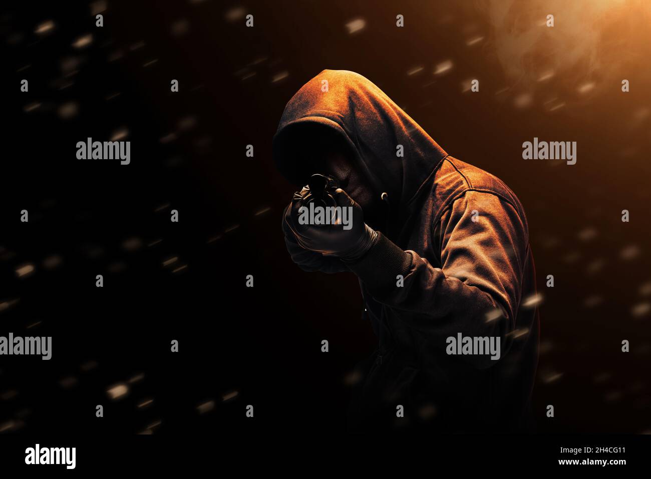 Criminal man in hidden mask pointing the shotgun with dramatic ...