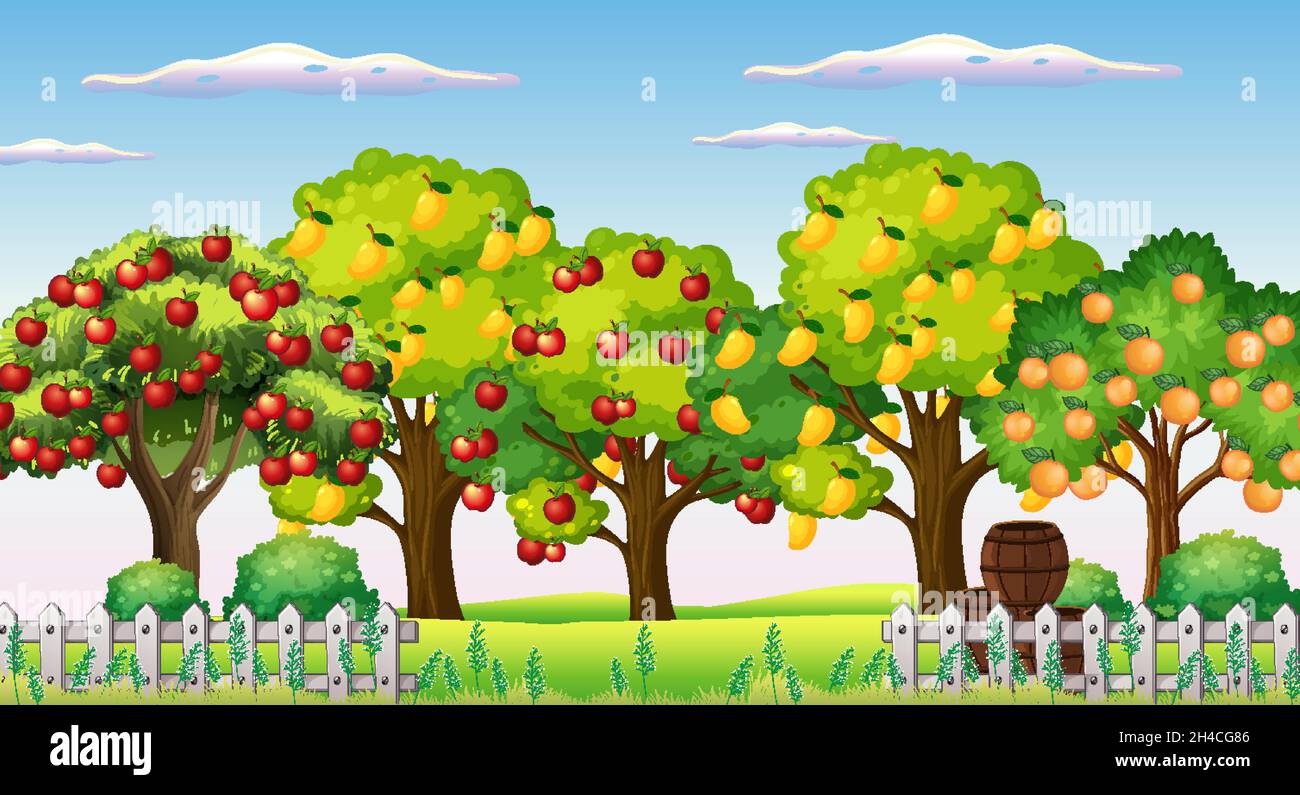 Farm scene with many different fruits trees illustration Stock Vector ...
