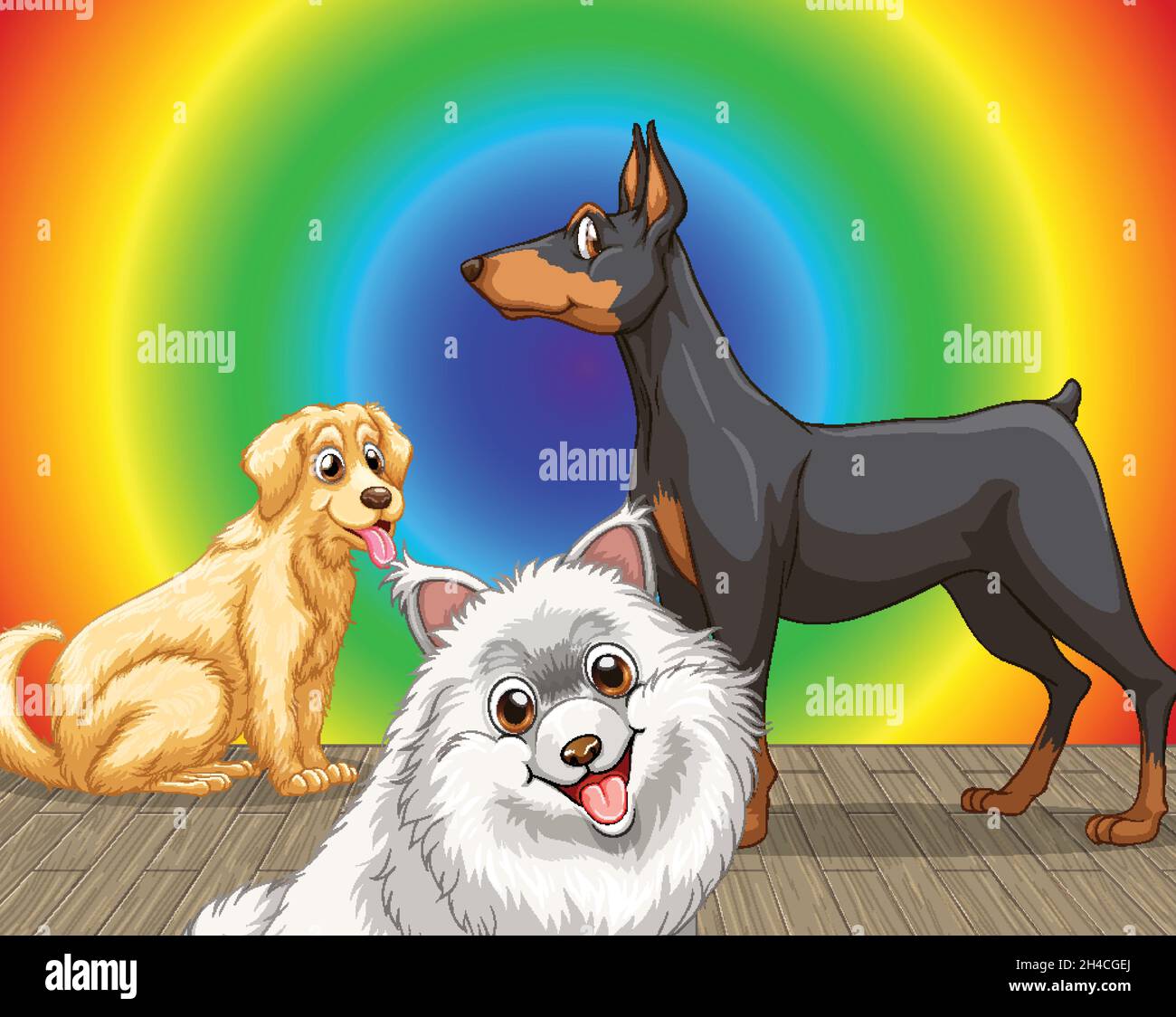 Domestic dogs cartoon character on rainbow gradient background ...