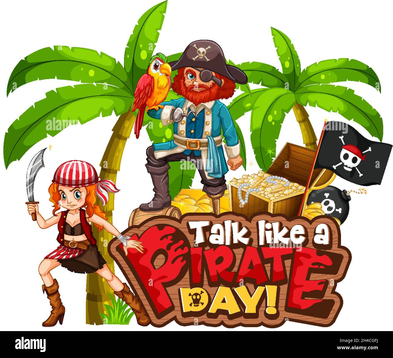 Talk Like A Pirate Day font banner with pirate cartoon character ...