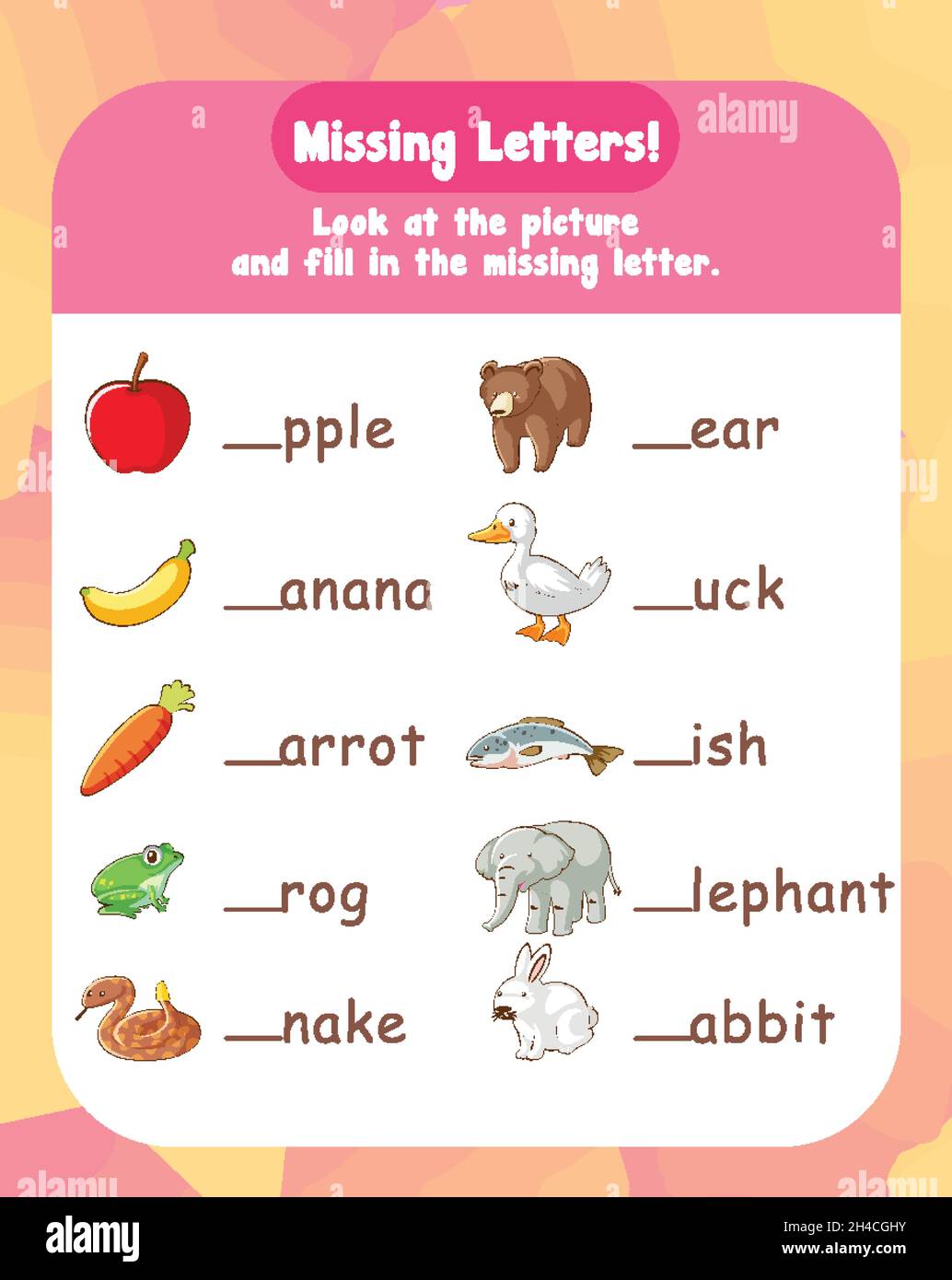 Fill in the missing letter worksheet template illustration Stock Vector ...