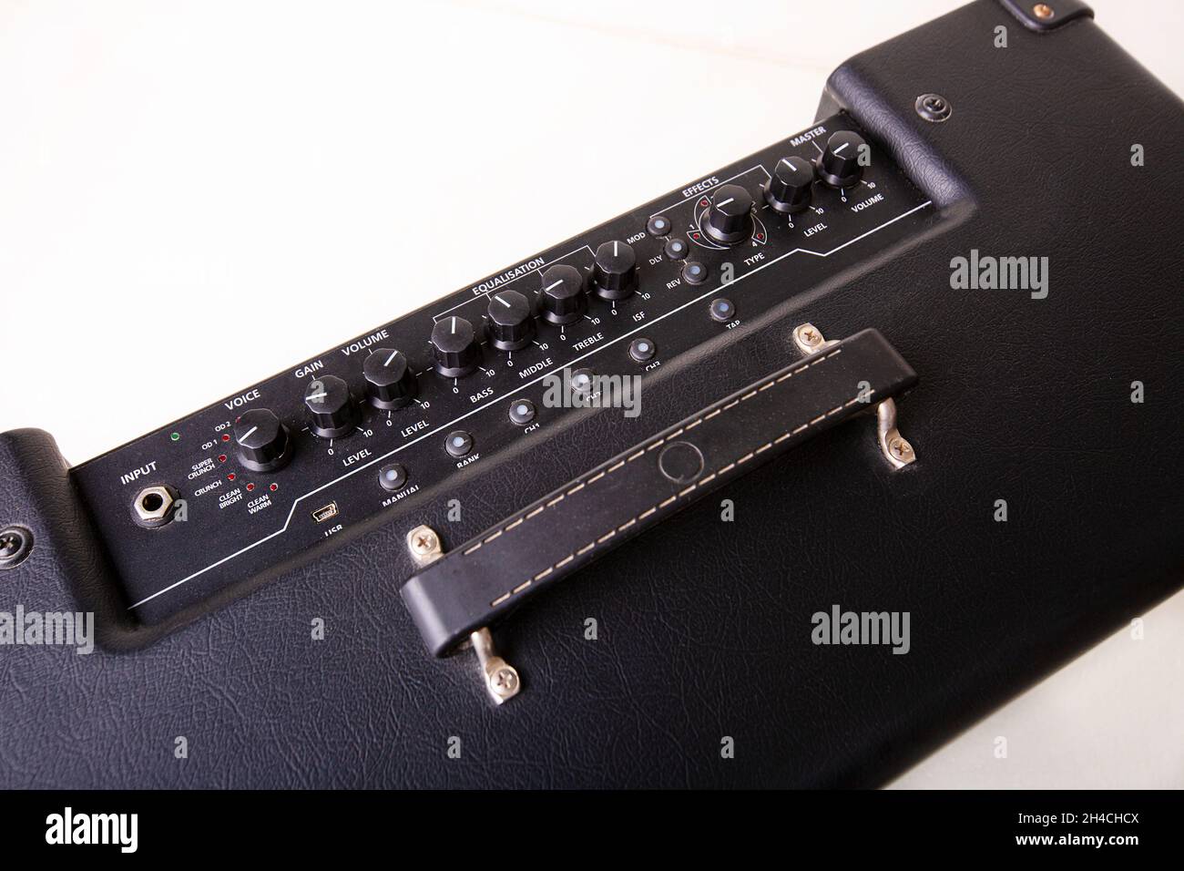 Black electric amplifier with cable on white background Stock Photo - Alamy