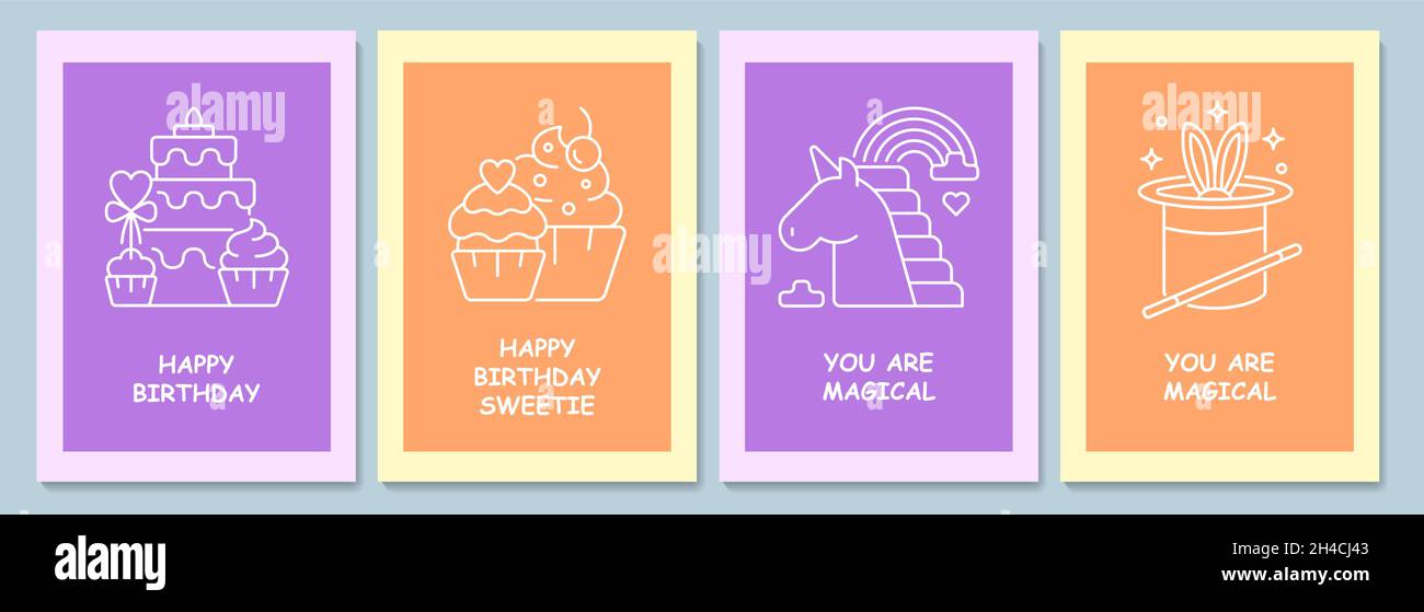 Happy birthday wishes postcard with linear glyph icon set Stock Vector ...