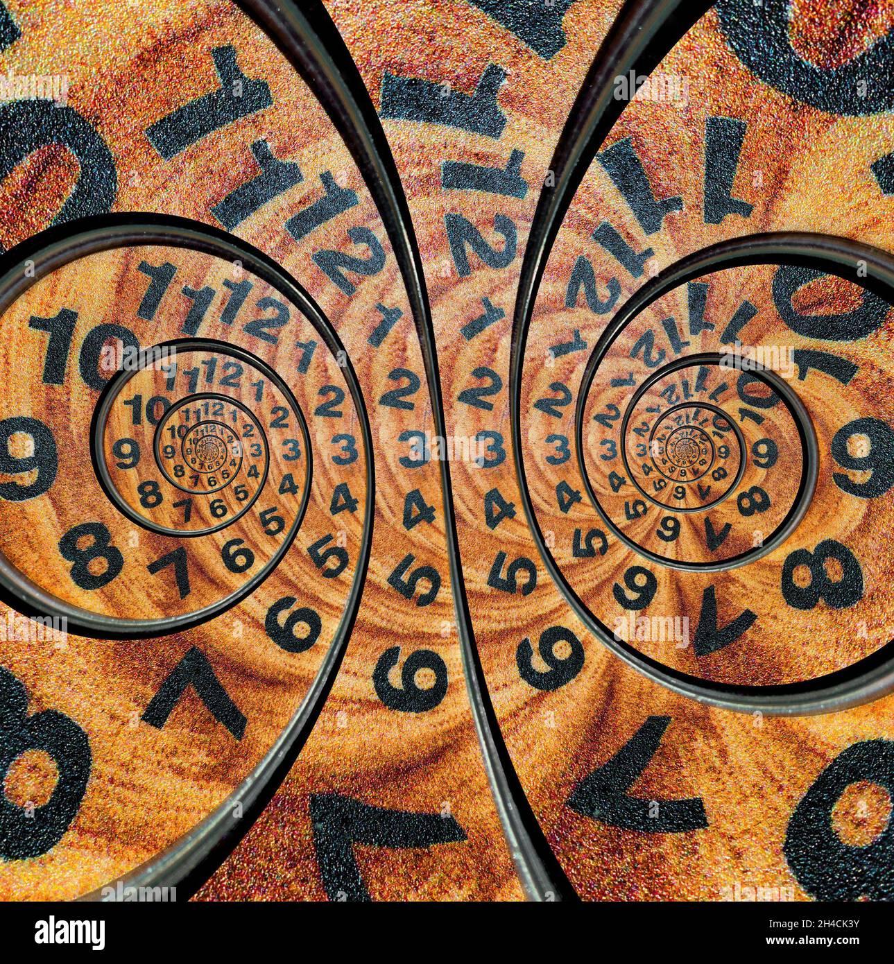 Abstract time theme background made of twisted wooden watch faces. The ...