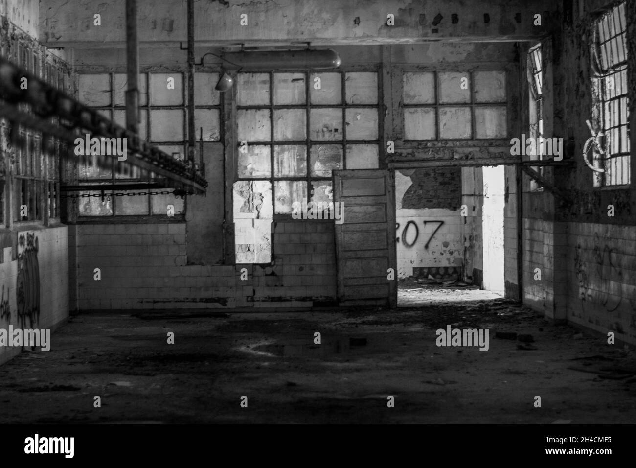 Grayscale of an old meat factory in Serbia Stock Photo - Alamy