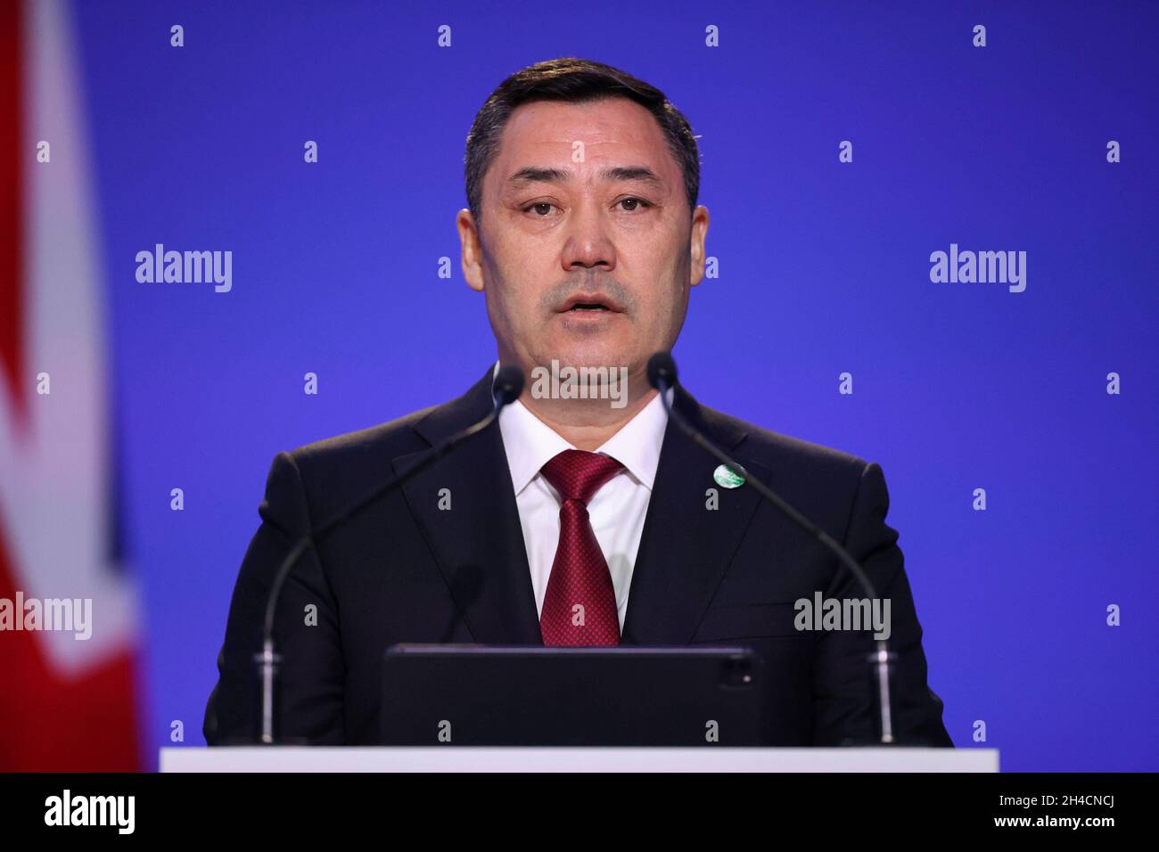Sadyr Japarov, President of Kyrgyzstan, speaks during the Cop26 summit ...
