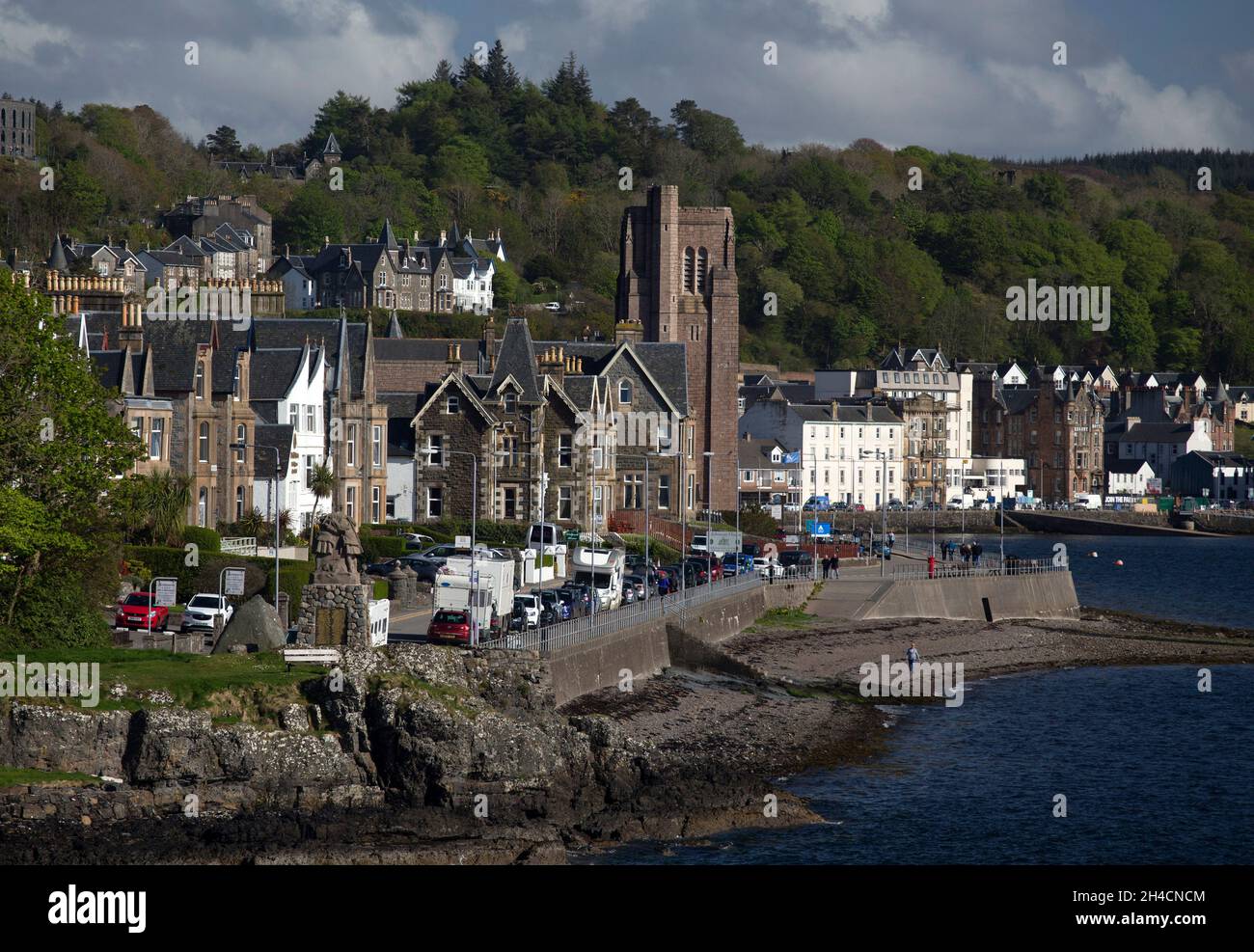 A view along the coast at Oban, Scotland with the Cathedral of St ...