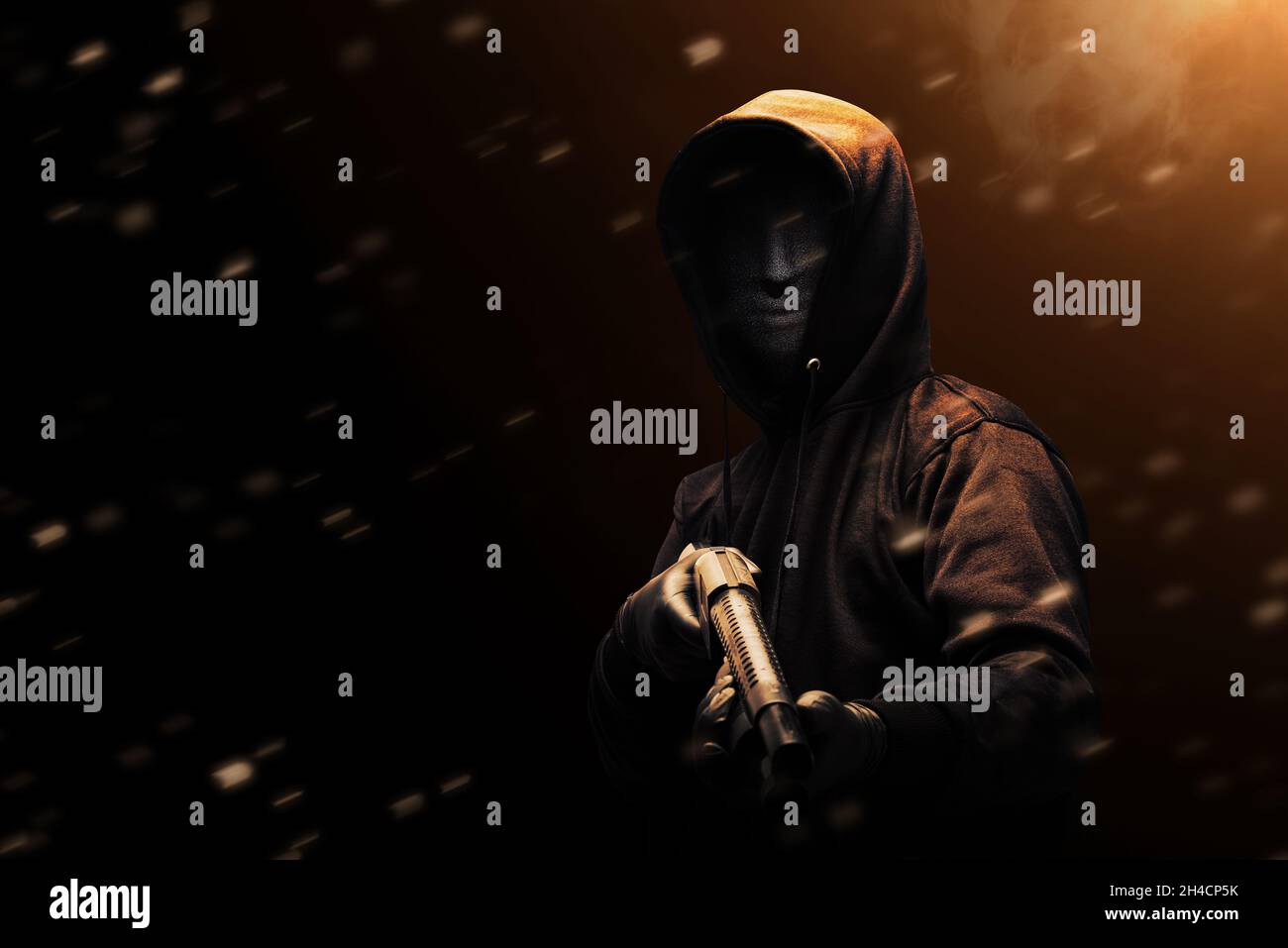 Criminal man in a hidden mask holding the shotgun with dramatic ...