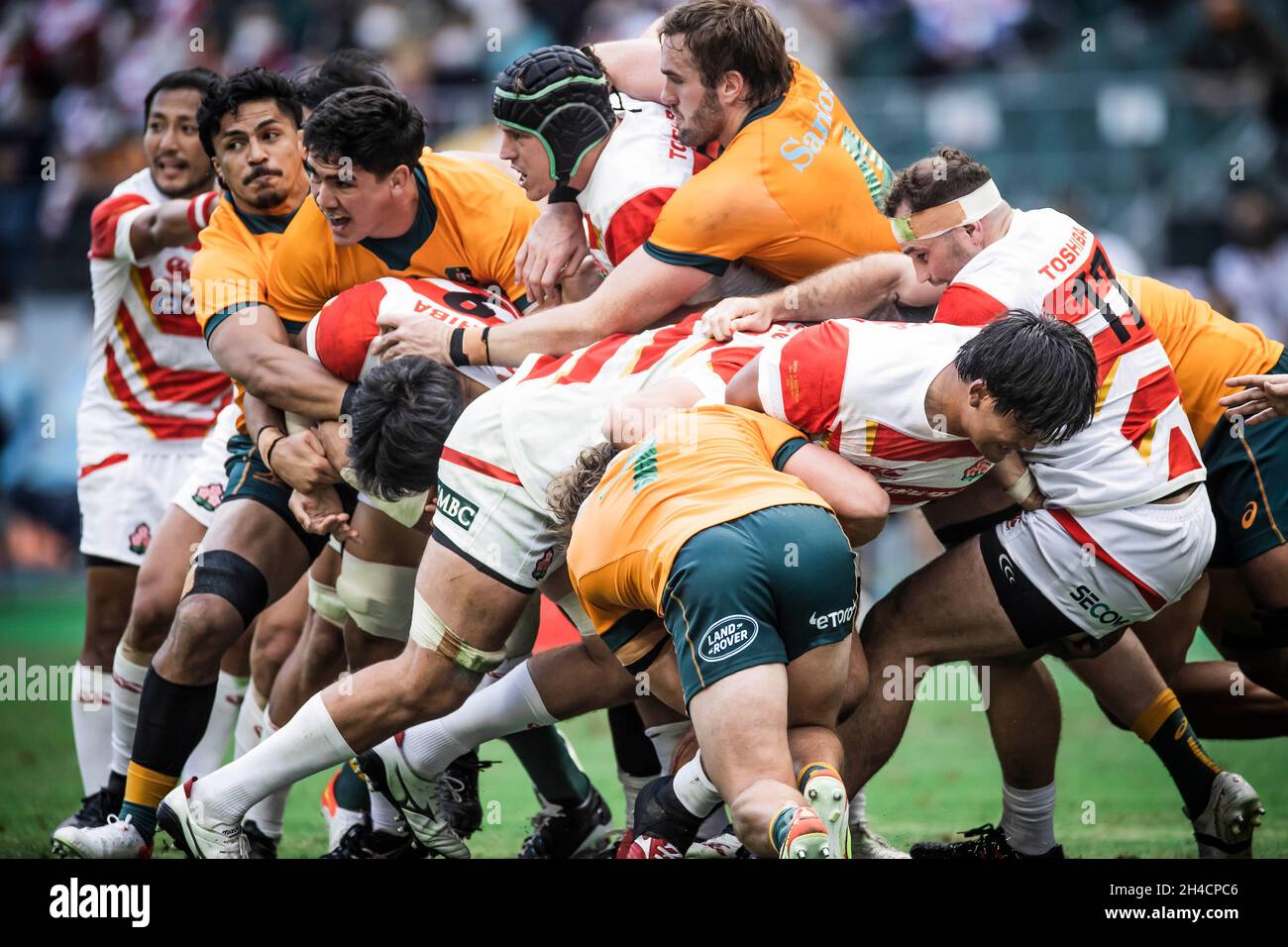 Players of Japan and Australia compete in a maul during the Rugby test ...