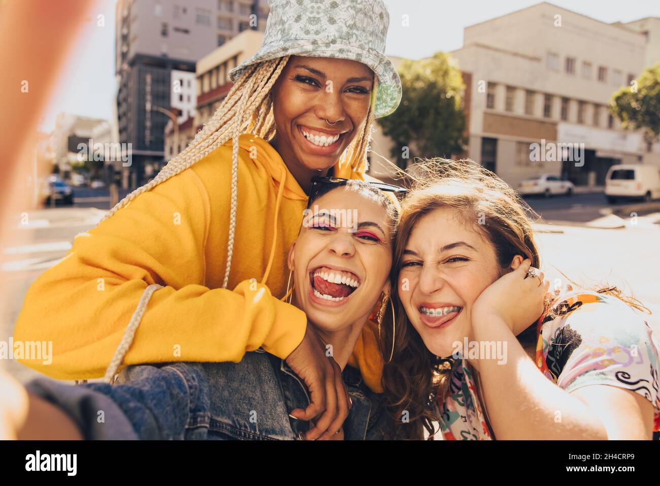 Girlfriends Taking Selfies Together Group Of Multiethnic Female