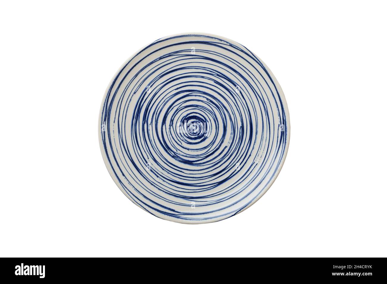Blue ceramic round plate isolated over white background. Top view Stock ...