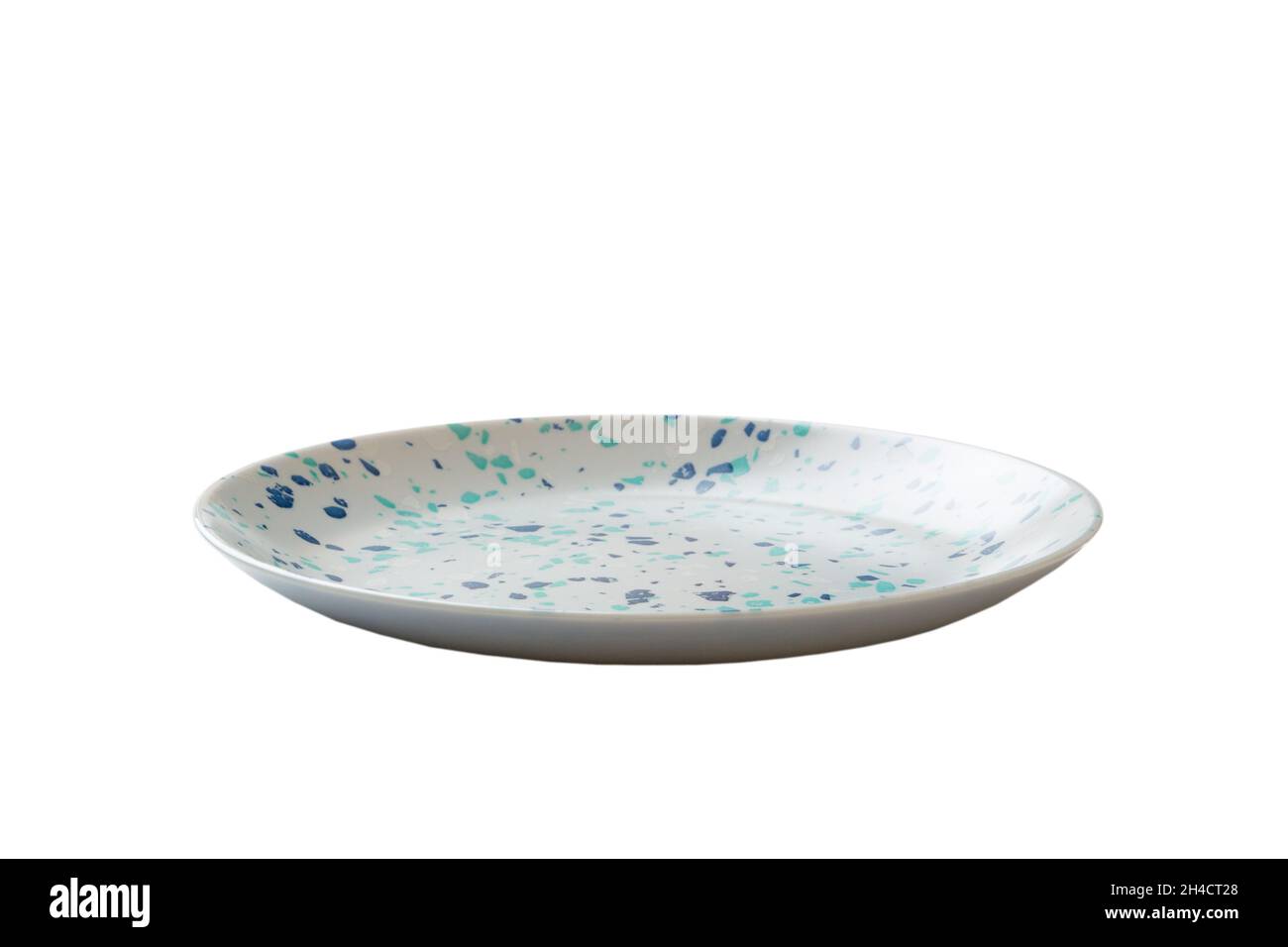 Blue ceramic round plate isolated over white background. perspective ...