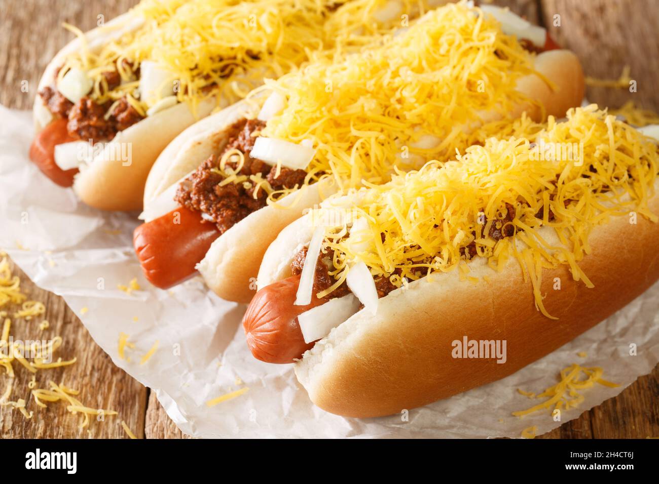 Cincinnati fast food chili hot dog with beef sausage, cheddar cheese ...