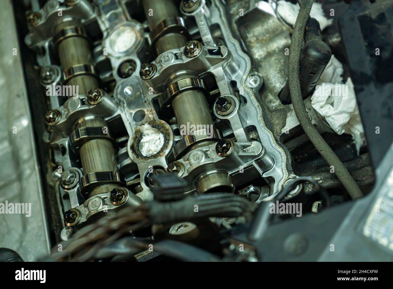 Detail of Car engine camshafts disassembled for maintenance Stock Photo ...