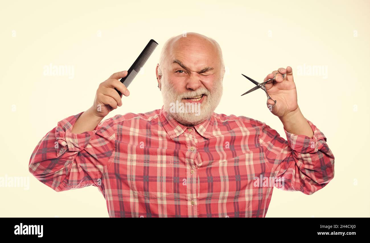 Barber work with sharp scissors. Barbershop concept. Man bearded ...