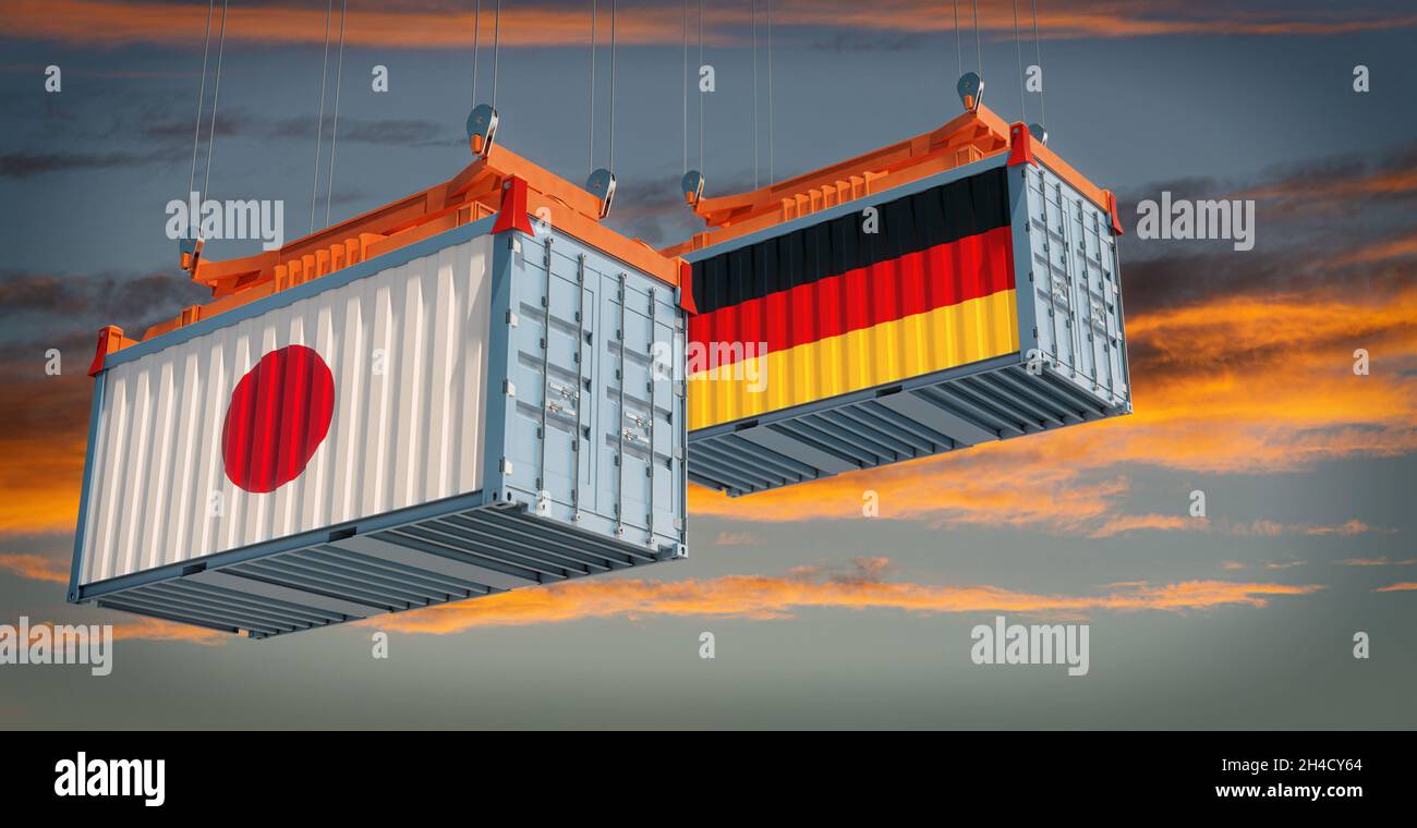 Shipping containers with German and Japan national flag. 3D Rendering ...