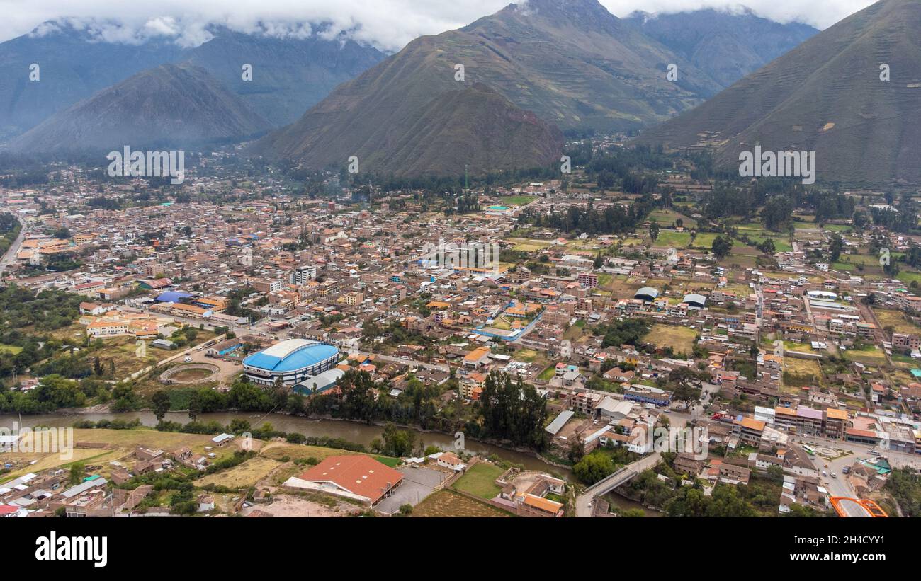 Aerial view of the town of Urubamba in the Sacred Valley of Cusco Stock ...