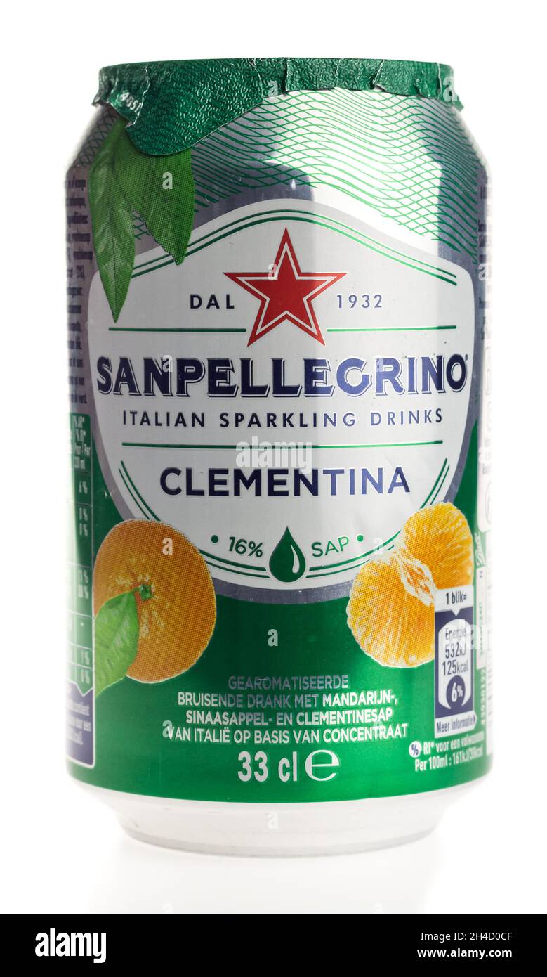 Can of Italian San Pellegrino Clementina sparkling drink isolated on a ...