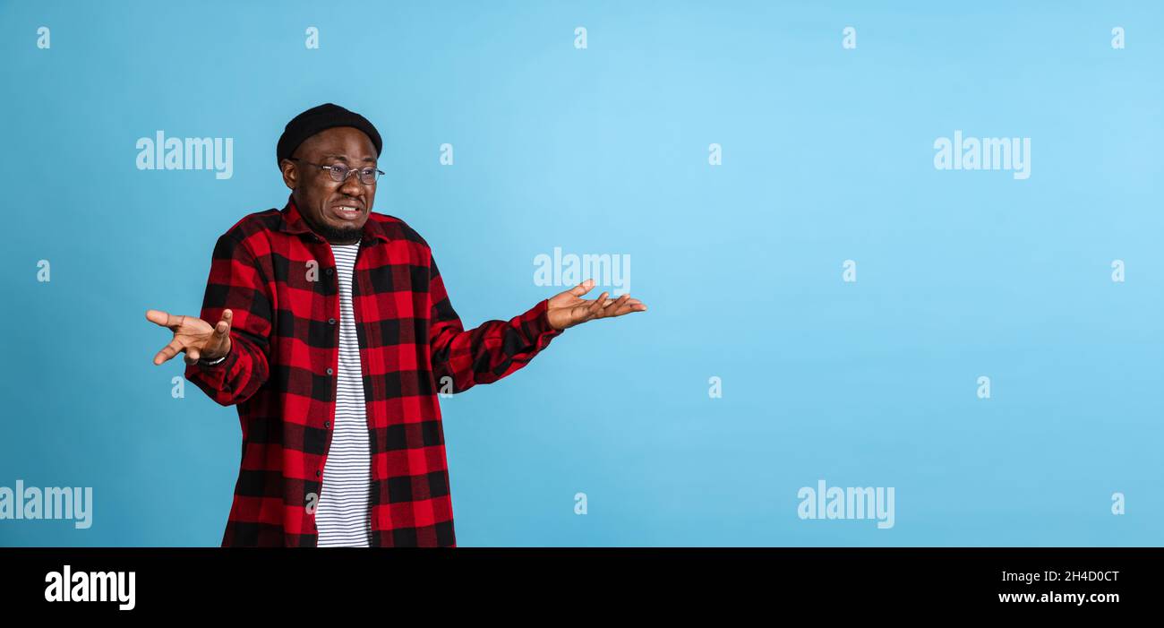 Flyer with young stylish african man wearing casual clothes isolated on ...