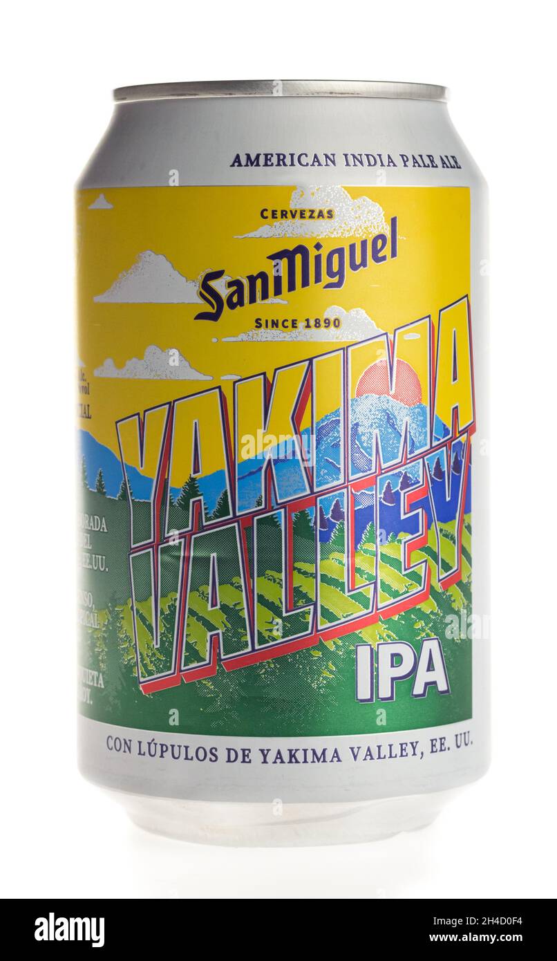Can of Spanish San Miguel Yakima Valley IPA beer isolated on a white ...
