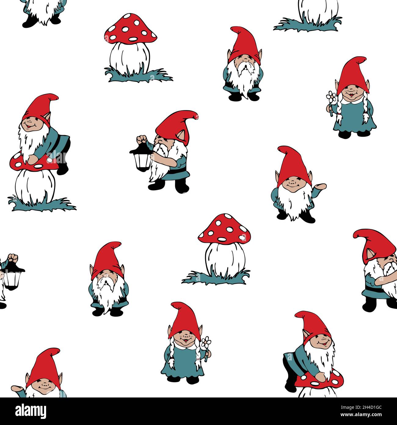 Seamless vector pattern with garden gnomes on white background. Simple ...