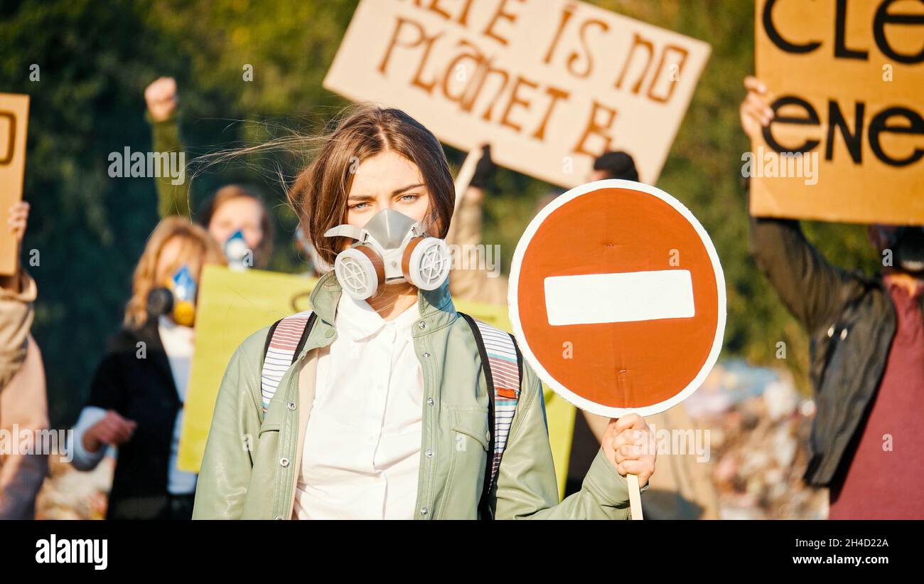 Portrait of Attractive Young Woman Activist Holding Stop Sign Stock ...